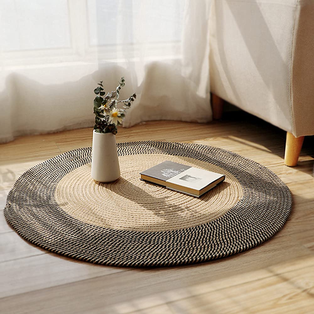 Poowe Hand Woven Round Area Rugs Living Room Bedroom Study Computer Chair Cushion Base Mat Round Carpet Lifts Basket Swivel Chair Pad Coffee Table Rug(2.6' Round)