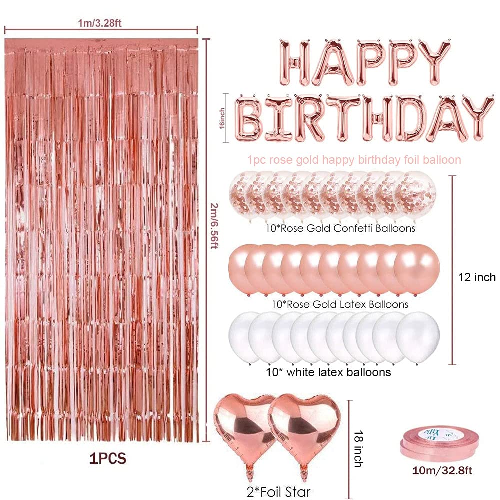 Rose Gold Birthday Party Decorations Set with Rose Gold Happy Birthday Balloon Banner, Confetti and Latex Balloon Heart Foil Balloon, Fringe Curtain for Rose Gold Theme Birthday Party Supplies