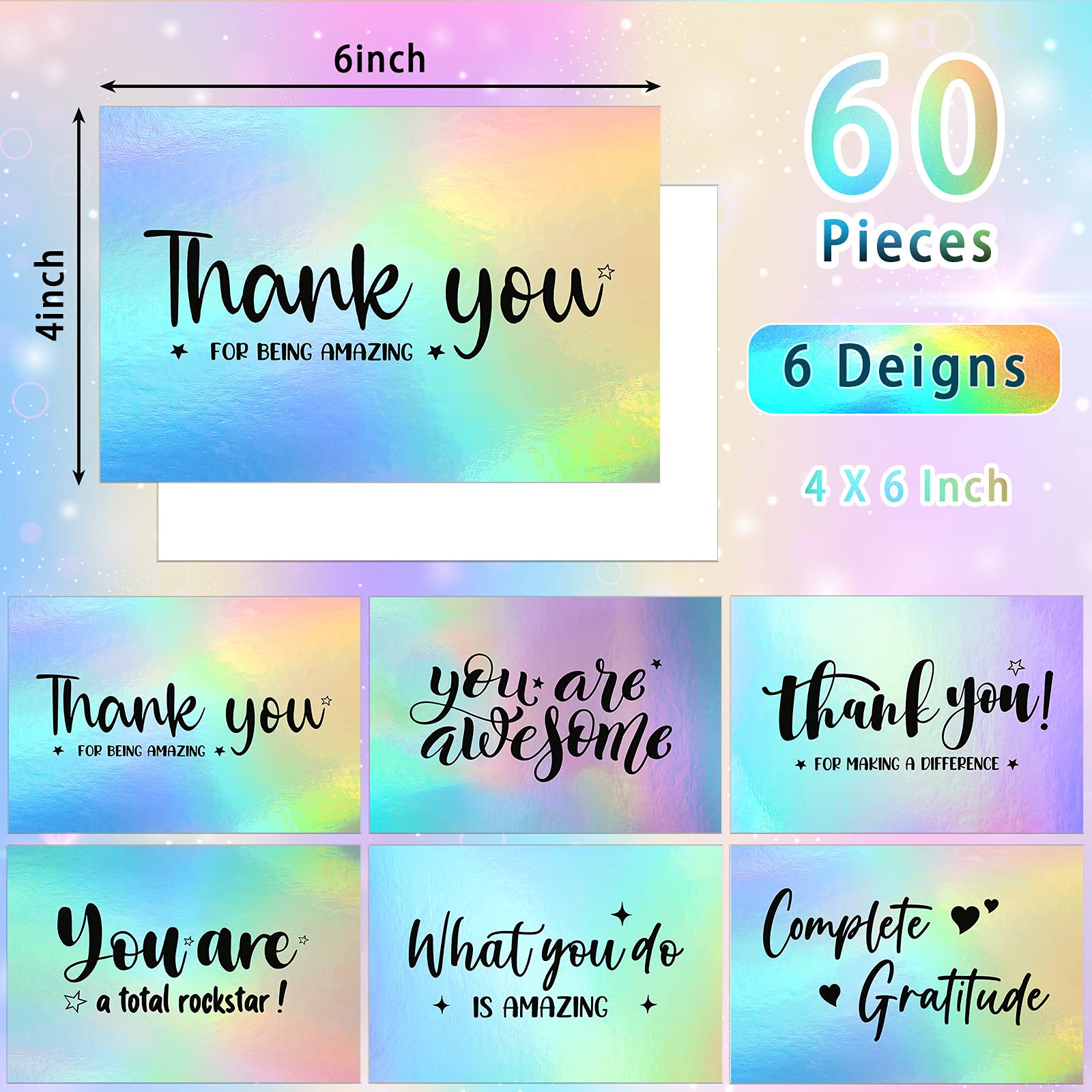 Holographic Thank You Cards Appreciation Postcards You Are Awesome Greeting Cards Thank You for Making a Difference Cards for Students Volunteers Teachers Graduation Nurses,4 x 6 Inch(60 Pieces)