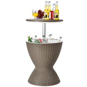 tangkula outdoor cool bar table, rattan style patio 8 gallon beer and wine cooler, all-weather ice bucket w/height adjustable top, drainage plug, 3-in-1 cocktail coffee table for party, pool (coffee)