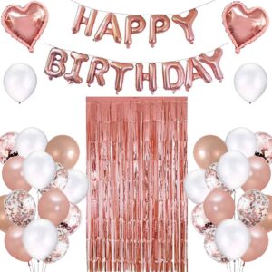 rose gold birthday party decorations set with rose gold happy birthday balloon banner, confetti and latex balloon heart foil balloon, fringe curtain for rose gold theme birthday party supplies