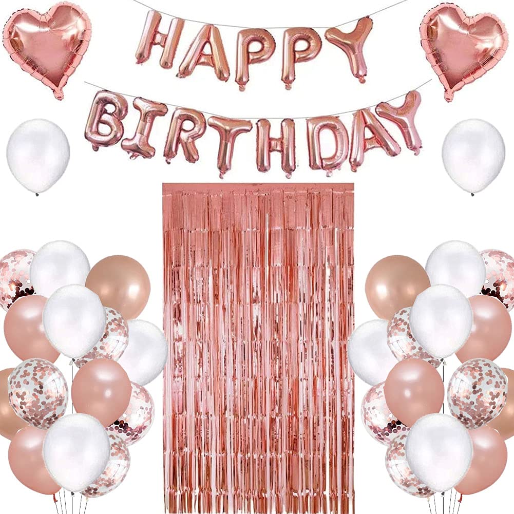 Rose Gold Birthday Party Decorations Set with Rose Gold Happy Birthday Balloon Banner, Confetti and Latex Balloon Heart Foil Balloon, Fringe Curtain for Rose Gold Theme Birthday Party Supplies