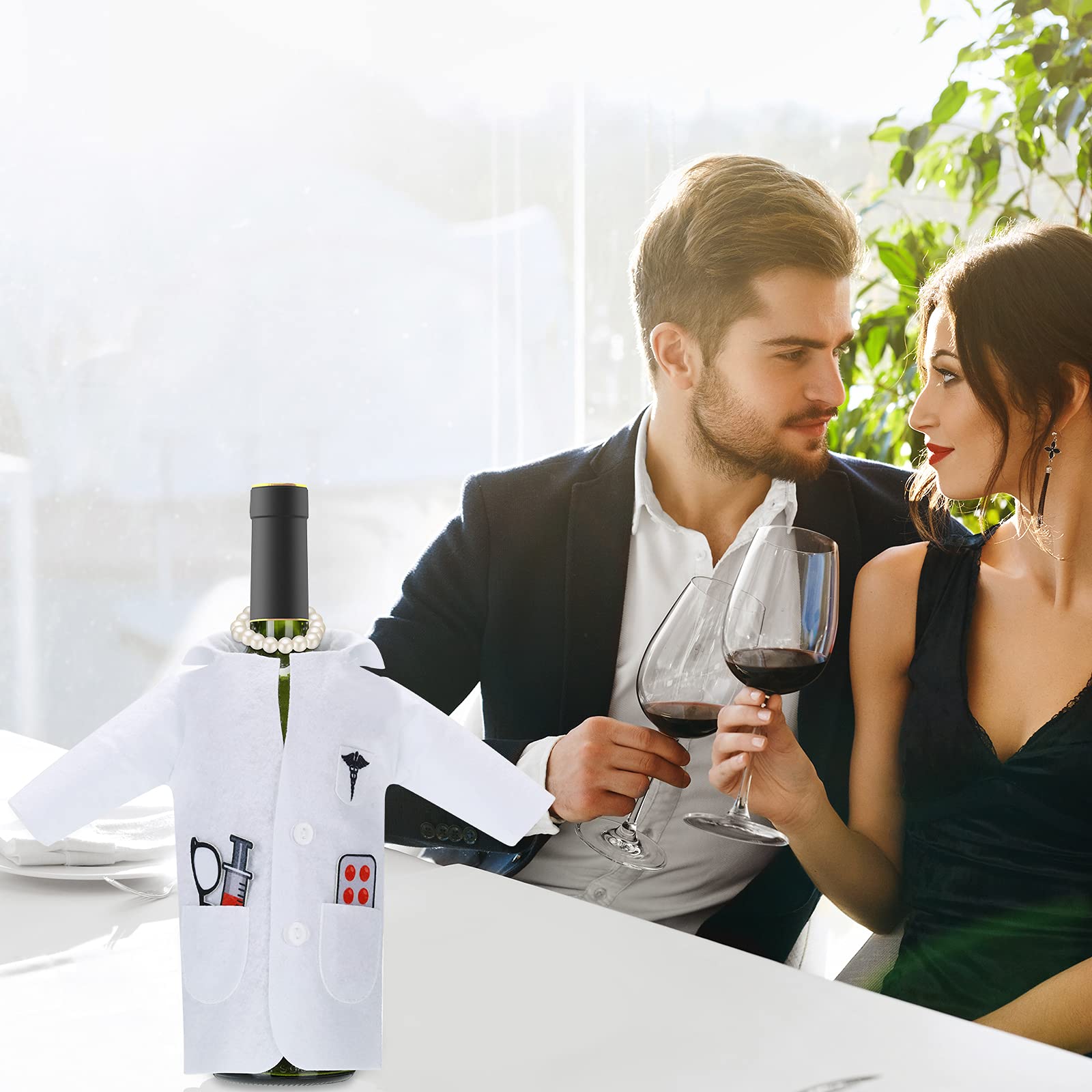 White Coat Wine Bag Doctor Wine Cover Felt Doctor Wine Insulated Cover Nurse Wine Wrapping Bag with Syringe Necklace for Male Female Graduation, Birthday, Anniversary, Nurse Practitioner