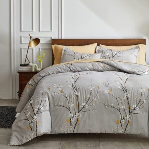 uozzi bedding branch style gray king duvet cover set with 2 pillow shams- 800 tc zipper closure 4 corner ties adult men women style dots floral white tree style reversible design