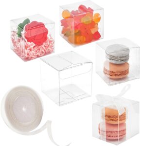 jutieuo 100 pack 2x2x2 inches clear favor boxes with ribbons, transparent cube treat boxes for candy mini cupcake & chocolate bomb, individual macaron packaging box for 2