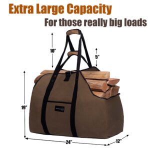 Outdoor 360 Firewood Bag Carrier - Extra Large Wood Bag for Firewood-Water Resistant Carrying Bag with Padded Handles & A Handy Side Pocket-24 L x19 H x12-Waxed Canvas Log Tote for Home or Camping