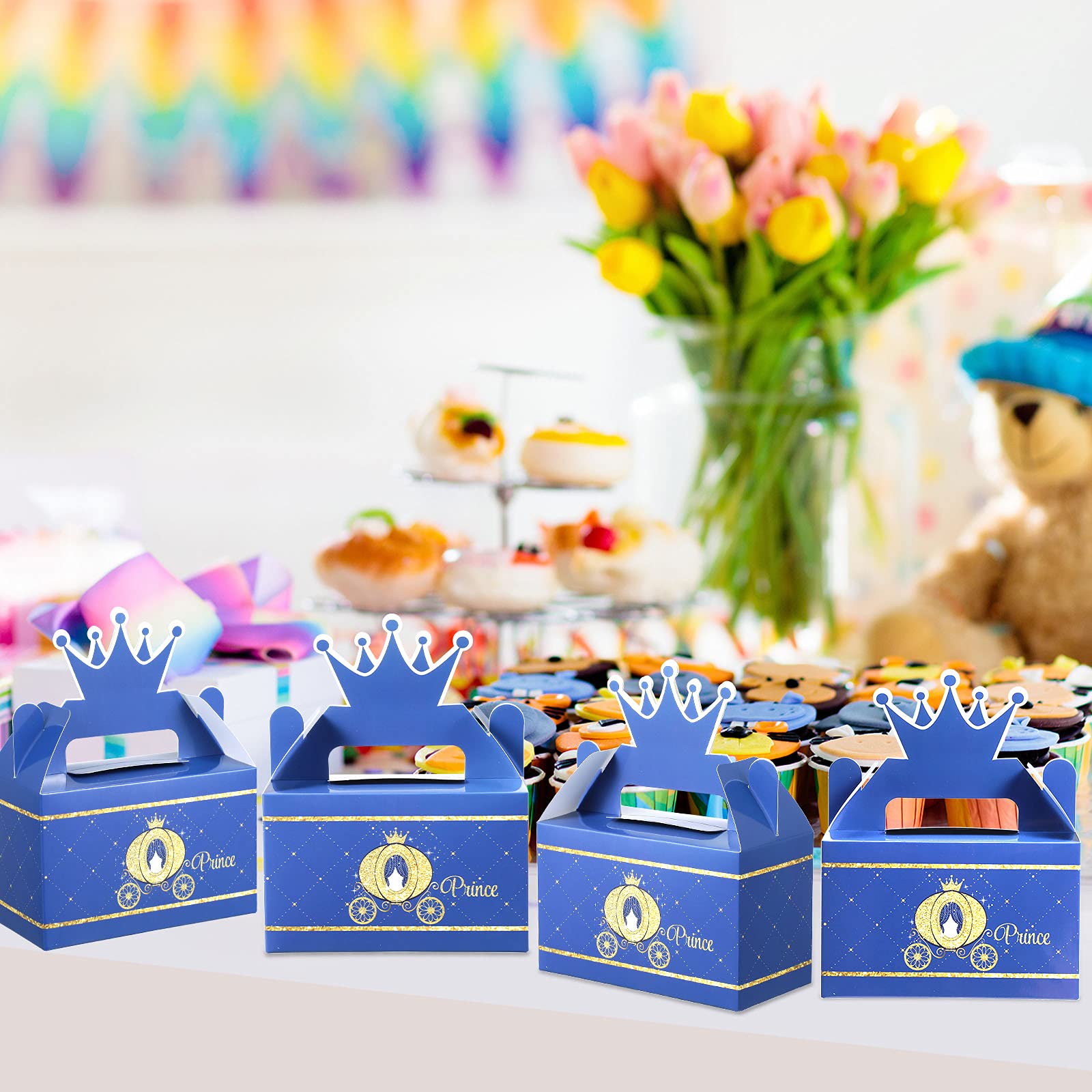 12 Pieces Little Prince Party Box Prince Crown Treat Box Blue and Gold Prince Party Candy Goodies Box Prince Theme Party Supplies for Baby Shower Boy Birthday Party Decorations, 5.95 x 3 x 7.5 Inches