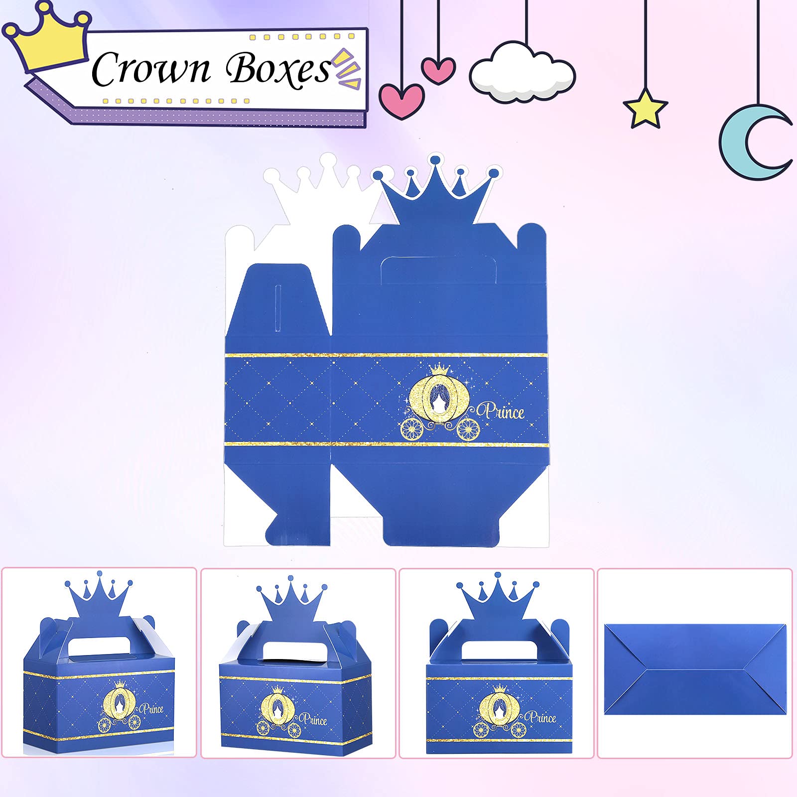 12 Pieces Little Prince Party Box Prince Crown Treat Box Blue and Gold Prince Party Candy Goodies Box Prince Theme Party Supplies for Baby Shower Boy Birthday Party Decorations, 5.95 x 3 x 7.5 Inches