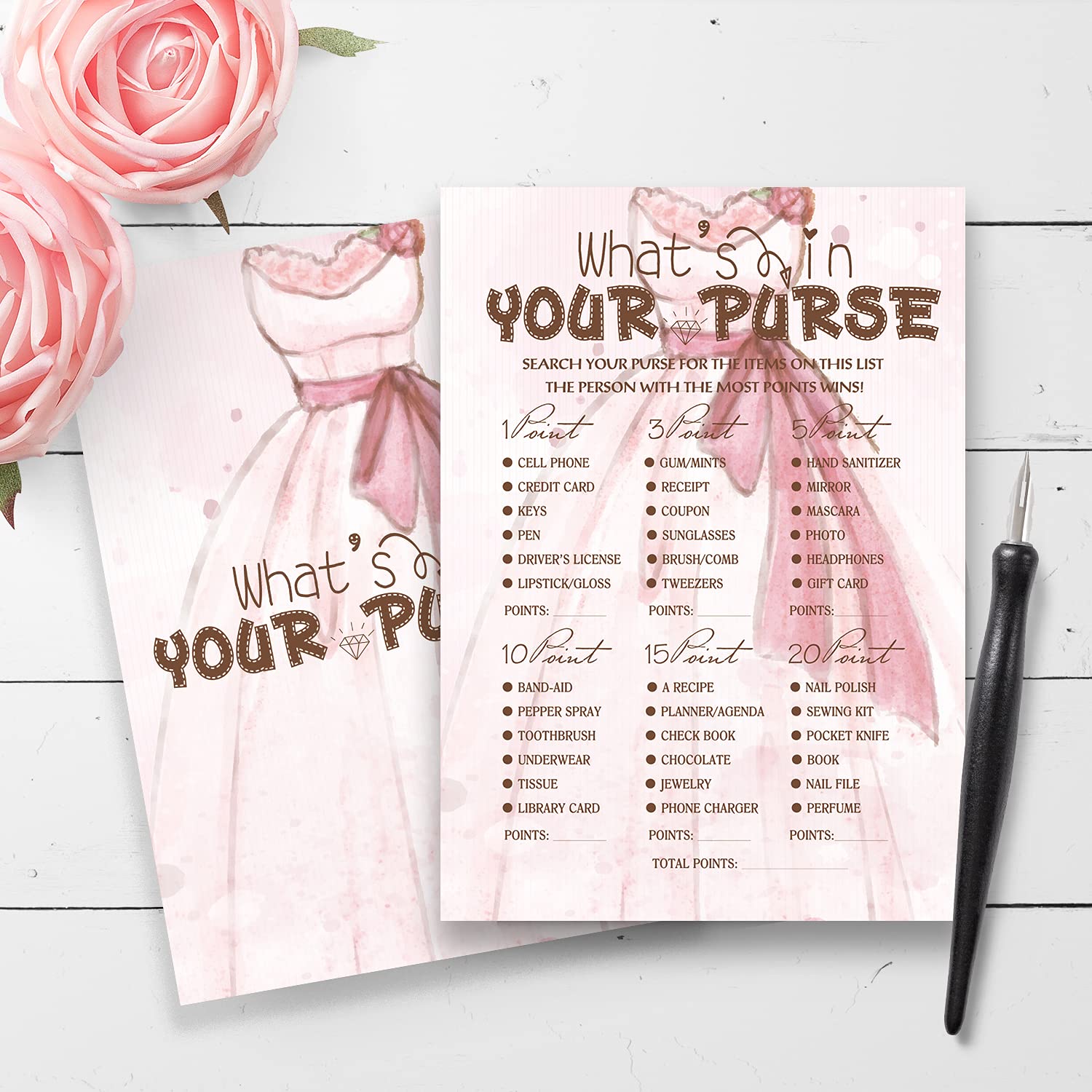 Bridal Shower Game Card, Gift for Engagement Wedding, Pink Wedding-Themed |What's in Your Purse—30 Cards(C-03)