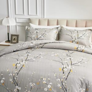 UOZZI BEDDING Branch Style Gray King Duvet Cover Set with 2 Pillow Shams- 800 TC Zipper Closure 4 Corner Ties Adult Men Women Style Dots Floral White Tree Style Reversible Design