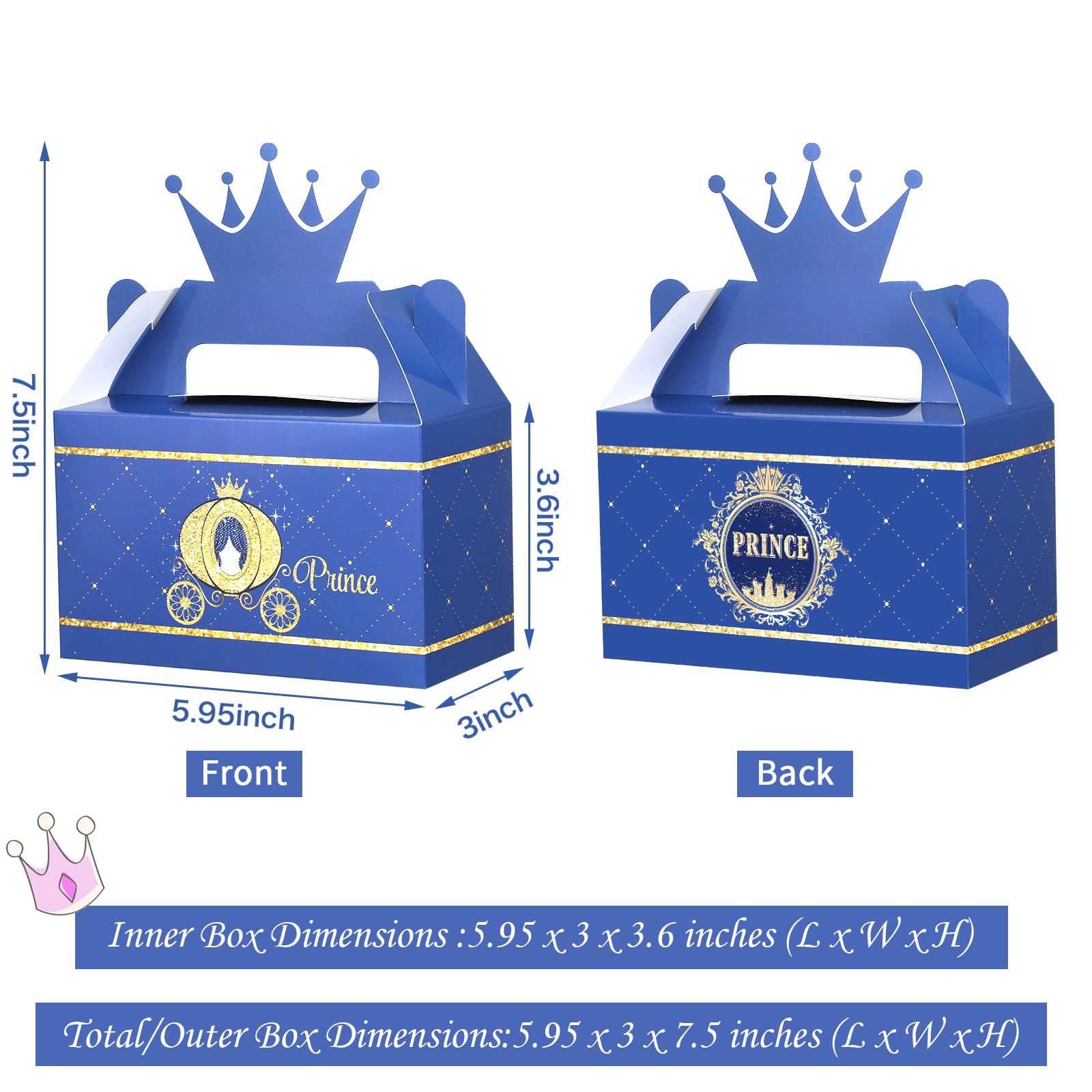 12 Pieces Little Prince Party Box Prince Crown Treat Box Blue and Gold Prince Party Candy Goodies Box Prince Theme Party Supplies for Baby Shower Boy Birthday Party Decorations, 5.95 x 3 x 7.5 Inches