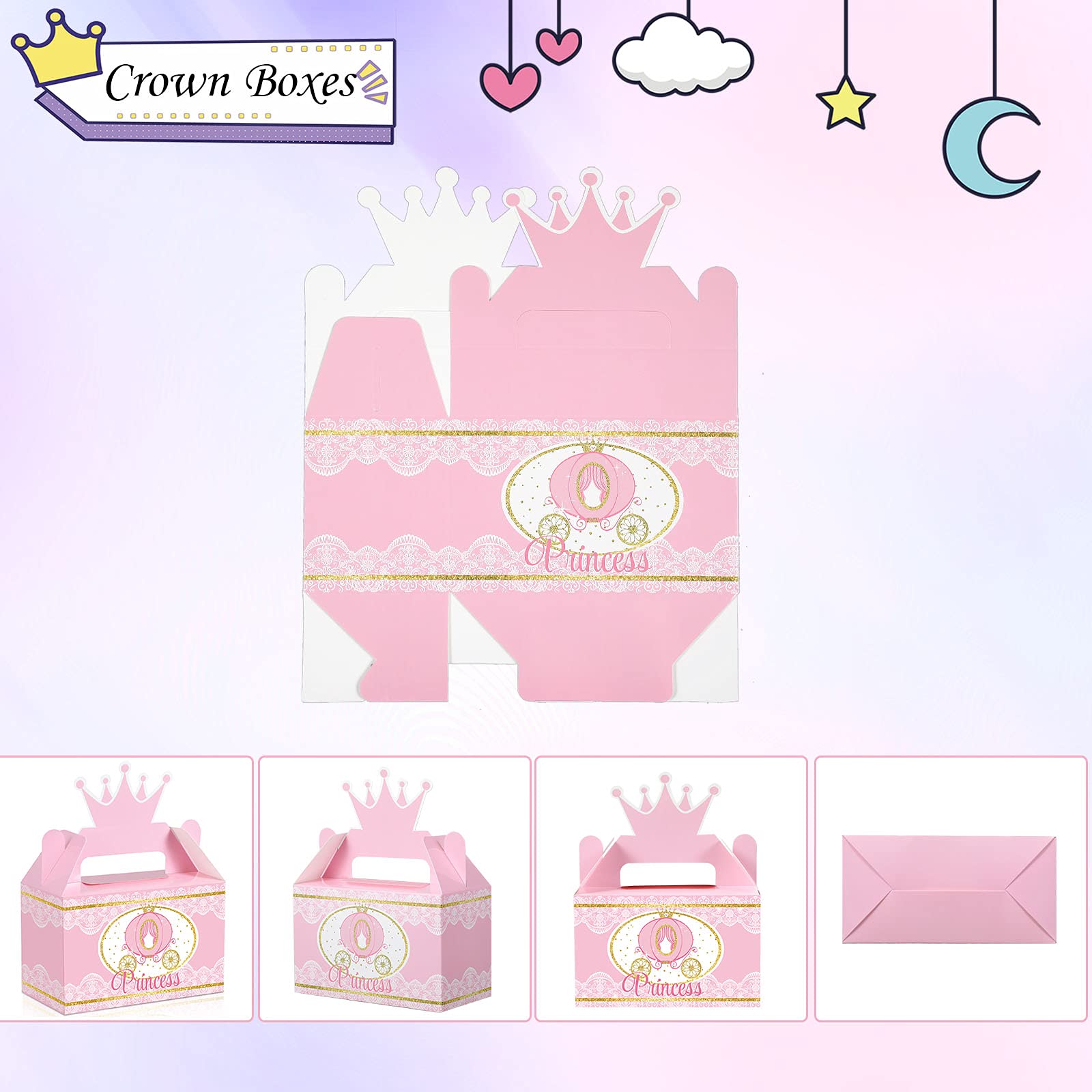 Outus 12 Pieces Little Princess Crown Treat Box Princess Decoration Supplies Favors Pink and Gold Princess Baby Shower or Birthday Girl Party Boxes