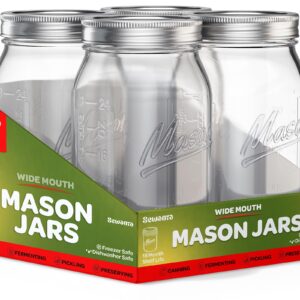 SEWANTA Wide Mouth Mason Jars 32 oz [4 Pack] With mason jar lids and Bands, mason jars 32 oz - For Canning, Fermenting, Pickling - Jar Decor - Microwave/Freeze/Dishwasher Safe.