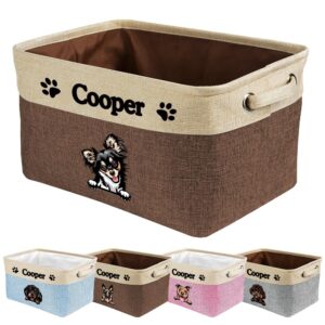 malihong personalized dog cat toy storage basket with pet's name sturdy foldable collapsible storage bin with handles for organizing pet stuff, toys, clothes, 15" x 9.8" x 9"