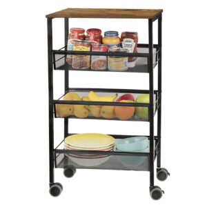 sehertiwy kitchen storage rolling cart, 4-tier kitchen island cart on wheels with wooden shelves, lockable utility cart with mesh baskets for narrow space on dining room bathroom，black