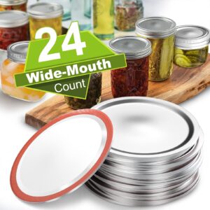 wide mouth mason jar lids canning lids for ball, kerr jars - 24-count split-type with leak proof & airtight seal features, metal mason jar lids for canning - food grade material, silver/86 mm