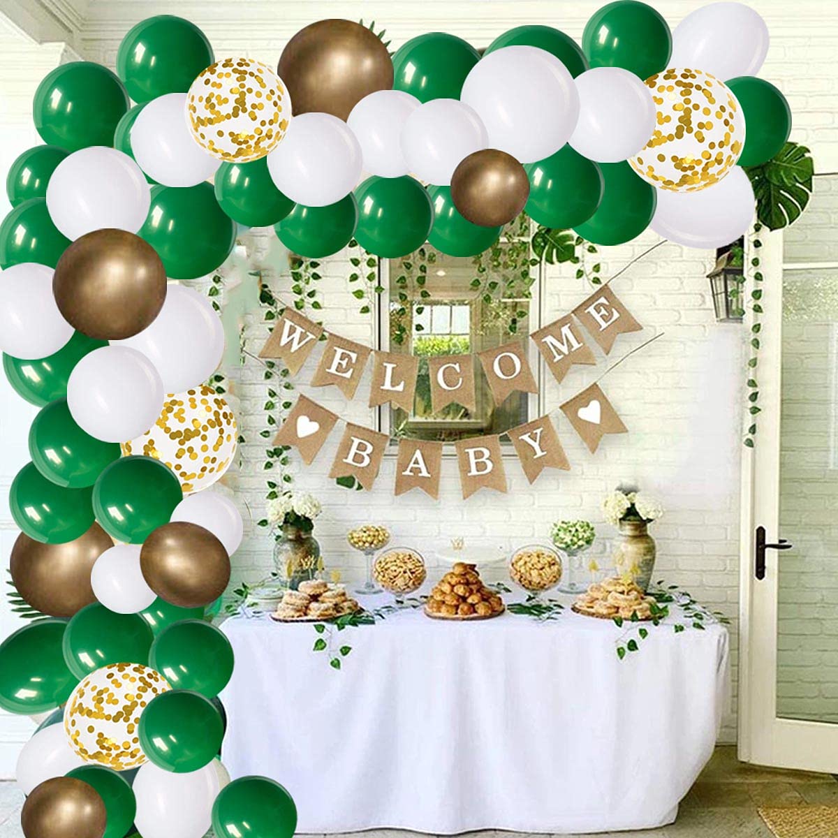 Dark Green White Gold Balloon Garland Arch Kit, 105PCS White Dark Green Metallic Gold Confetti Balloons for Birthday Wedding Engagement Anniversary Retirement Graduation Football Party Decorations