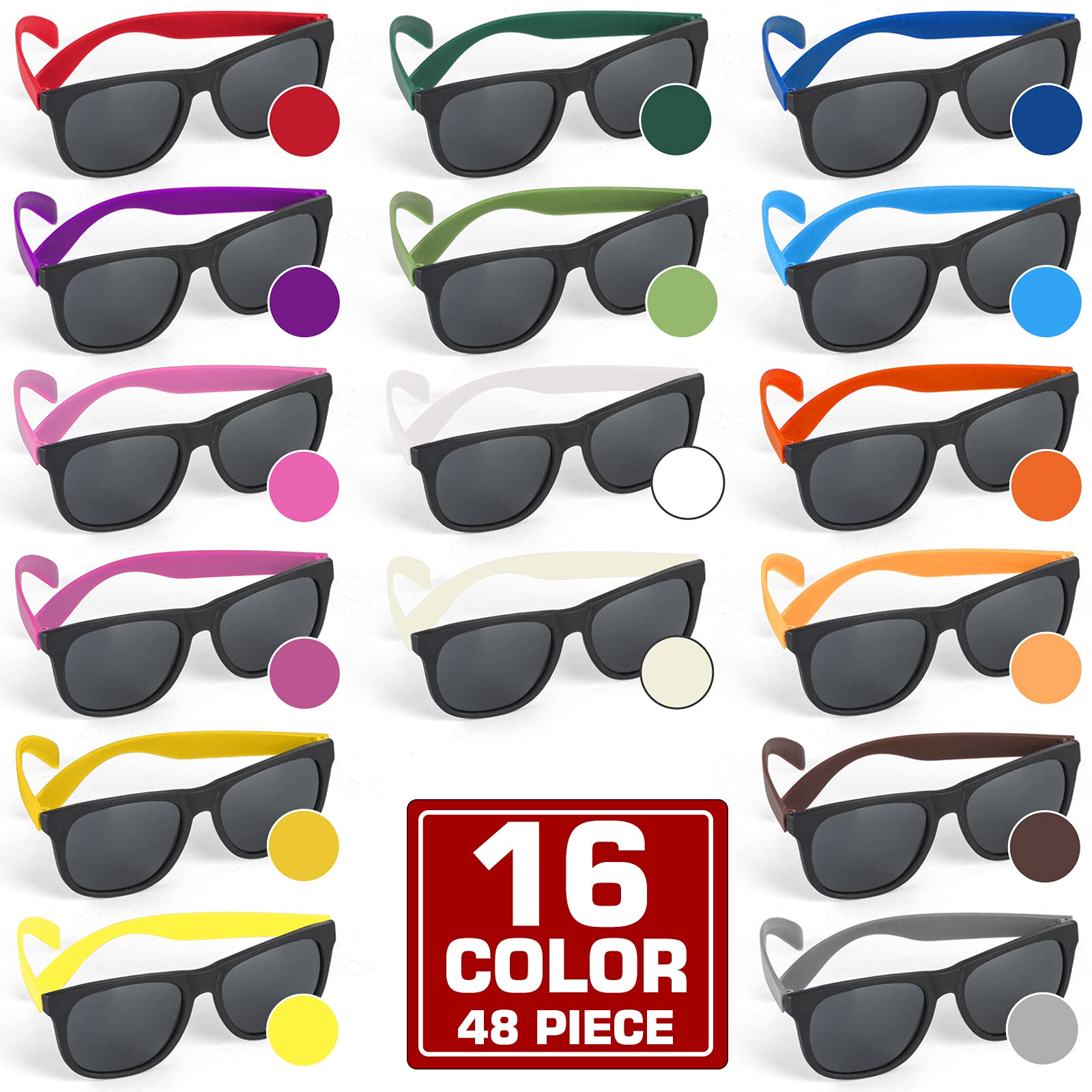 48 Pack 16 Colors Neon Party Sunglasses, 80’s Retro Style Party Favors Sun Glasses Bulk for Carnival, Summer Pool Toys, Goody Bag Stuffers, Boy and Girl Beach Party Supplies, Birthday, School Gift