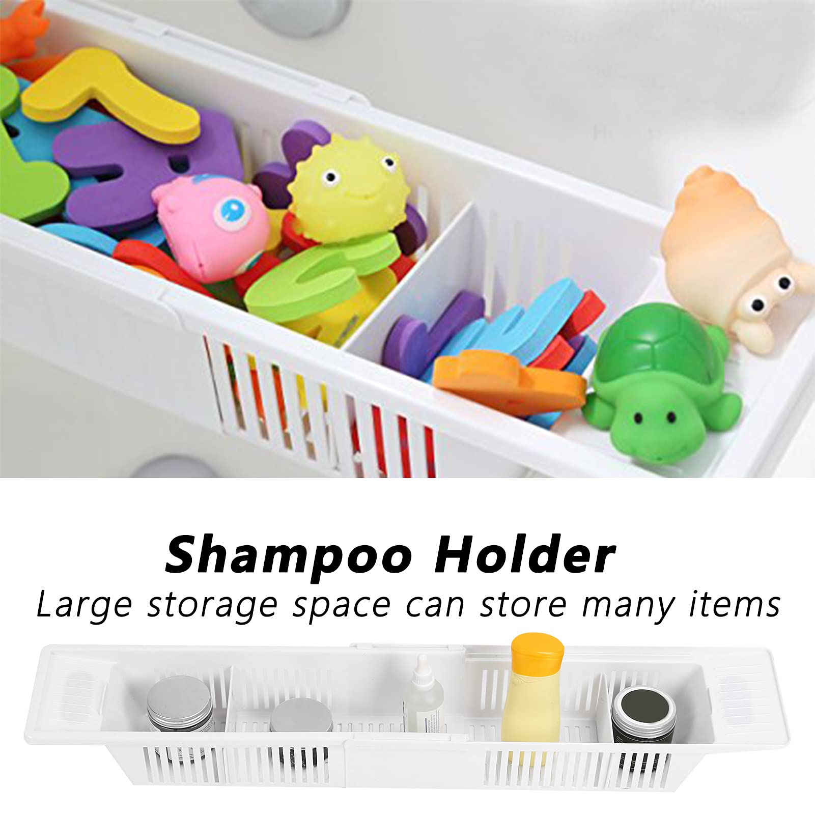 POCREATION Bathtub Tray, Bath Toy Organizer Storage Basket, Expandable Bathtub Caddy for Shampoo Shower Gel in The Bathroom