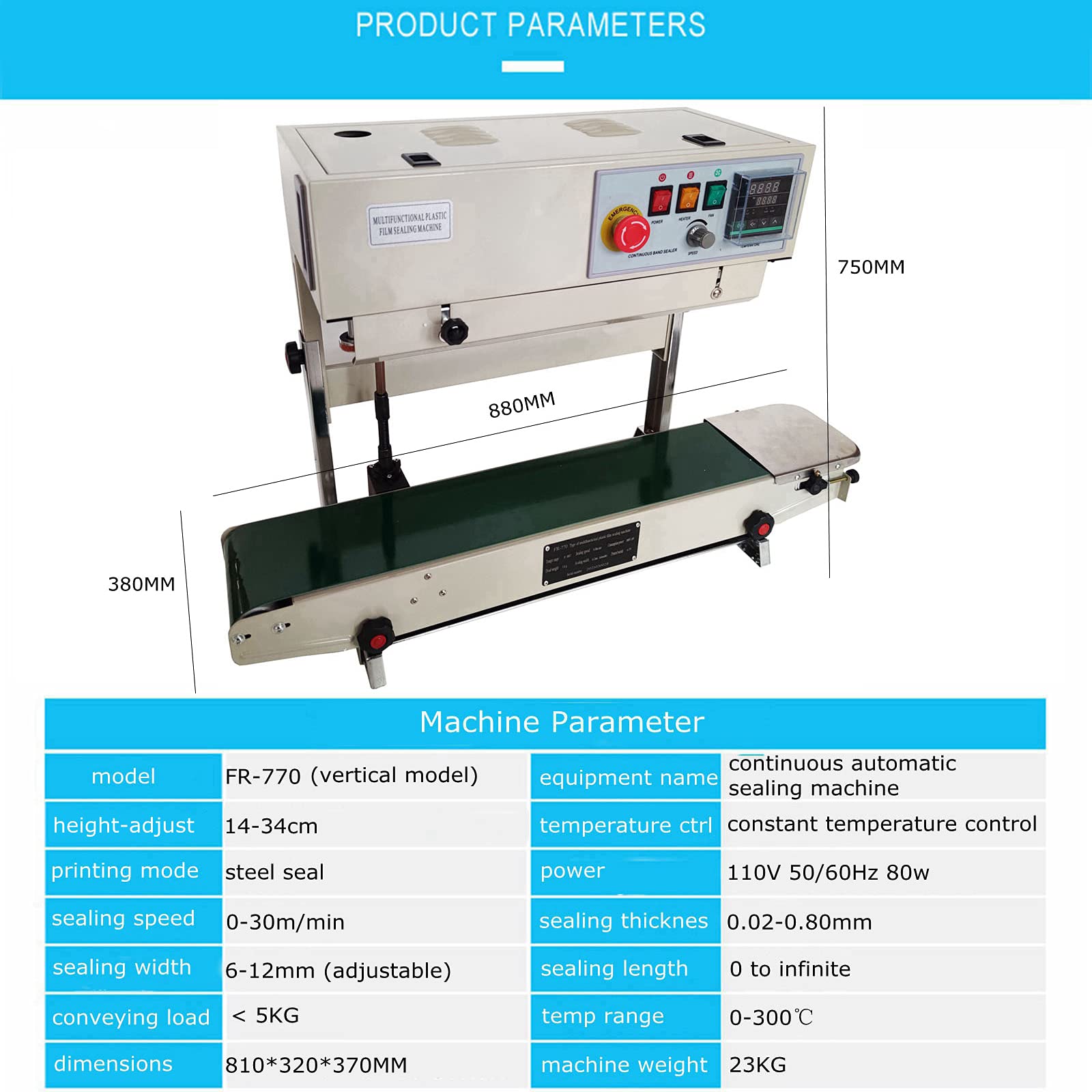 TECHTONGDA FR-770 Continuous Sealing Machine Vertical & Horizontal Automatic Band Sealer with Digital Thermostat for Plastic Poly Bag PVC Membrane Bags Film 110V