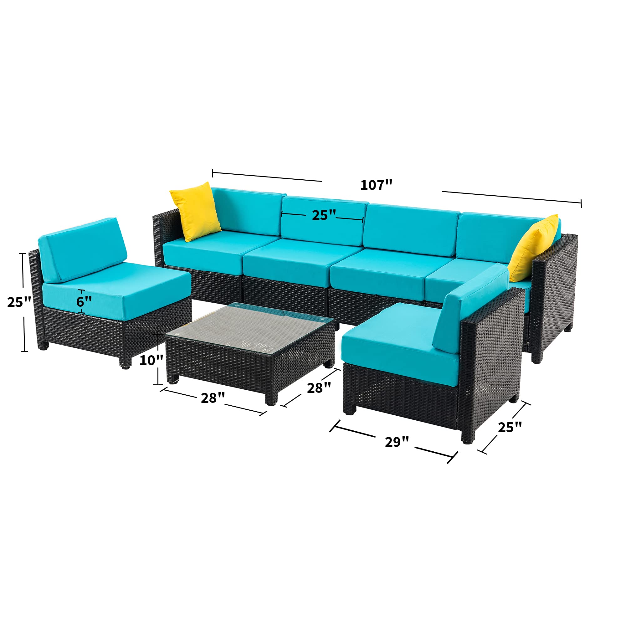 MCombo Patio Furniture Sets 7 Pieces Outdoor Wicker Sectional Sofa Set, PE Rattan Aluminum Frame with Glass Table for Garden, Backyard, 6080-7PC (Turquoise)