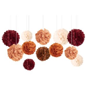 nicrohome 12 pcs wedding party decorations - carmine, rust orange, light brown tissue paper pom poms for rustic wedding, retro parties, baby shower, birthday,thanksgiving