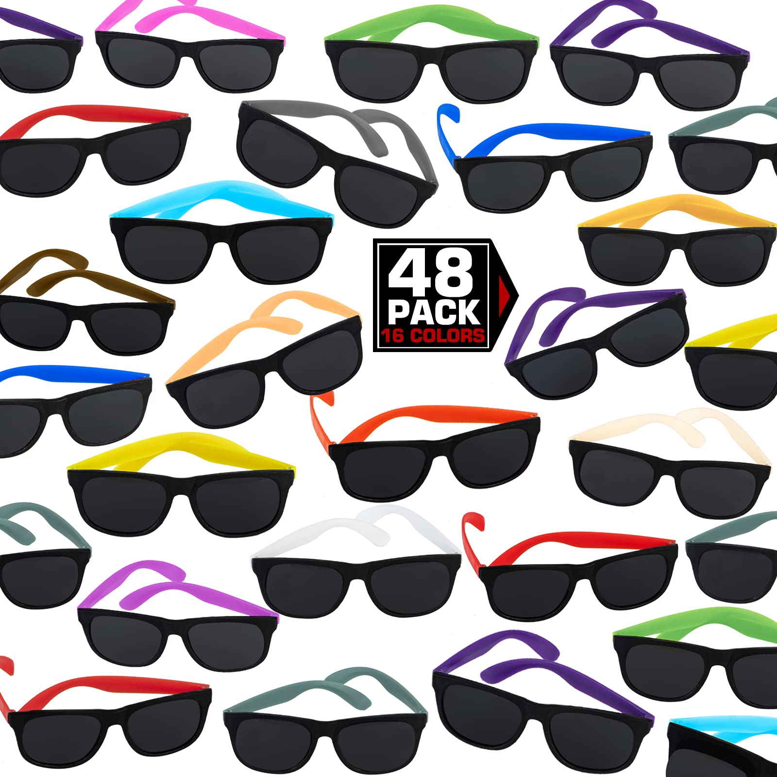 48 Pack 16 Colors Neon Party Sunglasses, 80’s Retro Style Party Favors Sun Glasses Bulk for Carnival, Summer Pool Toys, Goody Bag Stuffers, Boy and Girl Beach Party Supplies, Birthday, School Gift