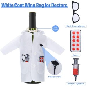 White Coat Wine Bag Doctor Wine Cover Felt Doctor Wine Insulated Cover Nurse Wine Wrapping Bag with Syringe Necklace for Male Female Graduation, Birthday, Anniversary, Nurse Practitioner