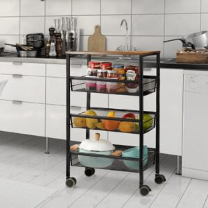 SEHERTIWY Kitchen Storage Rolling Cart, 4-Tier Kitchen Island Cart on Wheels with Wooden Shelves, Lockable Utility Cart with Mesh Baskets for Narrow Space on Dining Room Bathroom，Black