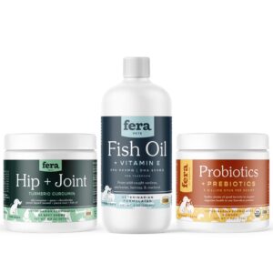 fera pets - health bundle of 3, includes fish oil for cats and dogs (8oz), organic probiotics for dogs and cats with prebiotics (60 scoops), hip and joint support for dogs (90 soft chews)