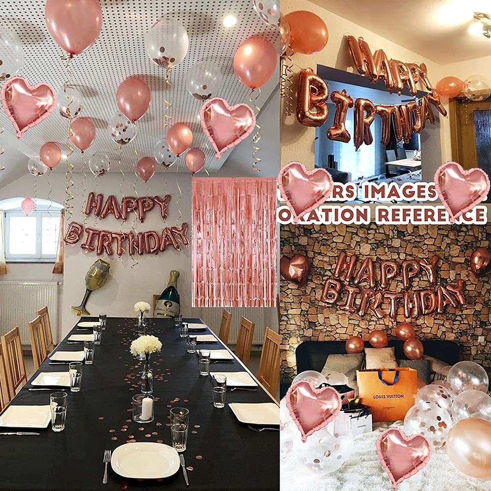 Rose Gold Birthday Party Decorations Set with Rose Gold Happy Birthday Balloon Banner, Confetti and Latex Balloon Heart Foil Balloon, Fringe Curtain for Rose Gold Theme Birthday Party Supplies