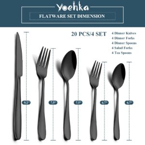 Black Silverware Set, 20 Pieces Stainless Steel Flatware Set Service for 4, Mirror Polished Cutlery Set for Home Kitchen, Premium Tableware Utensil Set, Include Knife Spoon and Fork, Dishwasher Safe