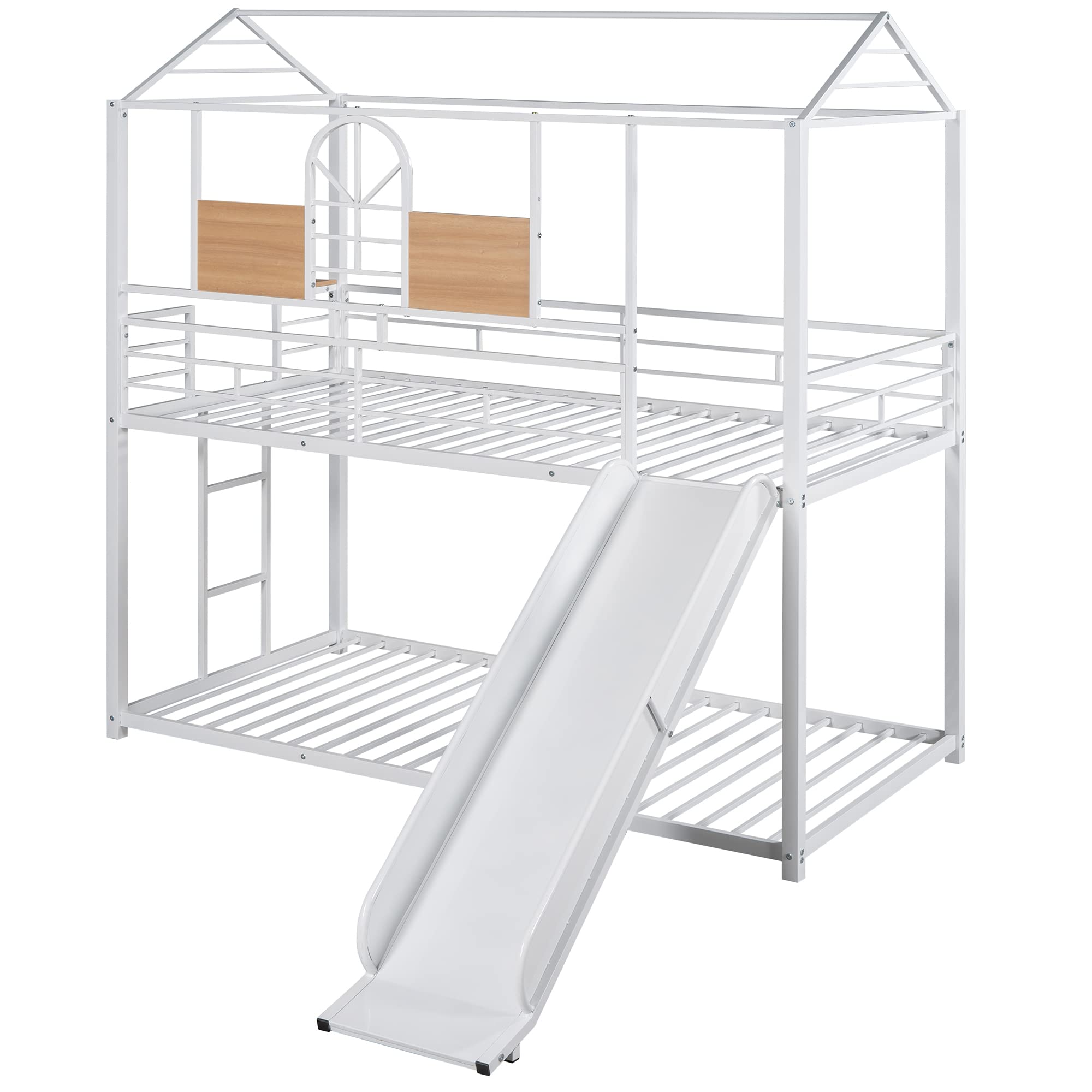 Bellemave Twin Over Twin Metal Bunk Bed with Slide, House Bunk Bed with Roof and Guardrails for Kids, Teens, Girls, Boys (White)