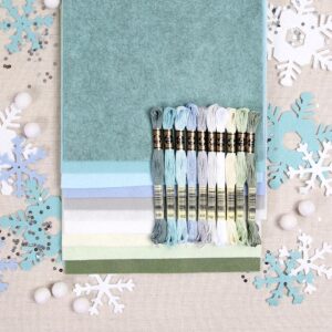 benzie design wool felt, 10 pcs 9"x12" with matching dmc embroidery floss in winter frost color palette, 1 mm thick, soft & pliable, wool blend felt, first frost 9"x12" & floss