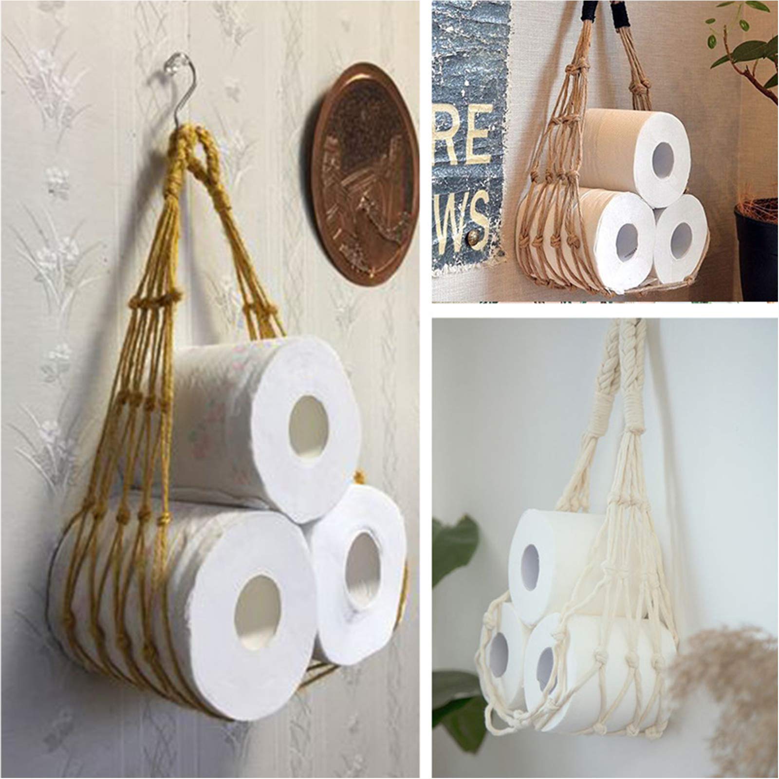 Toilet Paper Storage Holder Wall Hanging Storage Mesh Bag Boho Handmade Cotton Net Bag Paper Roll Holder for Home Bedroom Bathroom Living Room