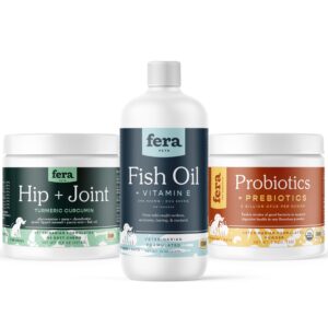 fera pets - health bundle of 3, includes fish oil for cats and dogs (16oz), organic probiotics for dogs and cats with prebiotics (60 scoops), hip and joint support for dogs (90 soft chews)