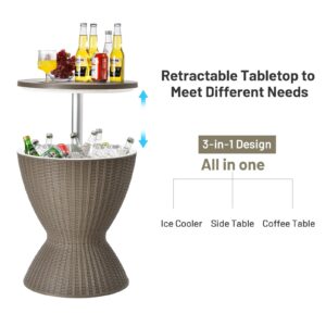 Tangkula Outdoor Cool Bar Table, Rattan Style Patio 8 Gallon Beer and Wine Cooler, All-Weather Ice Bucket w/Height Adjustable Top, Drainage Plug, 3-in-1 Cocktail Coffee Table for Party, Pool (Coffee)