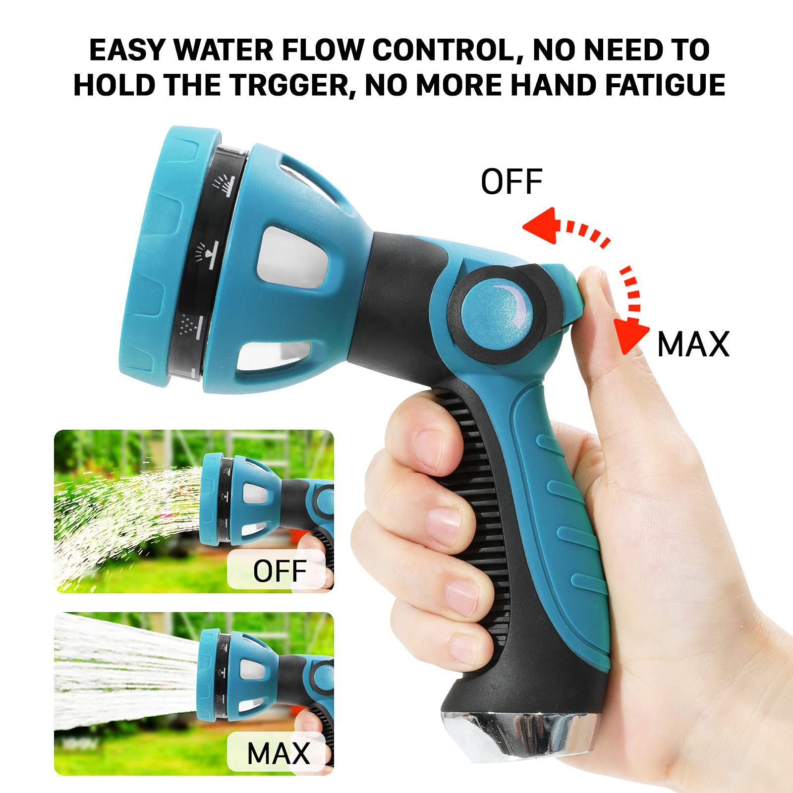 Garden Hose Nozzle, 10 Patterns Metal Water Hose Nozzle Heavy Duty Hose Spray Nozzle with Thumb Control for Watering Lawns,Car Washing,Bathing Pets Blue