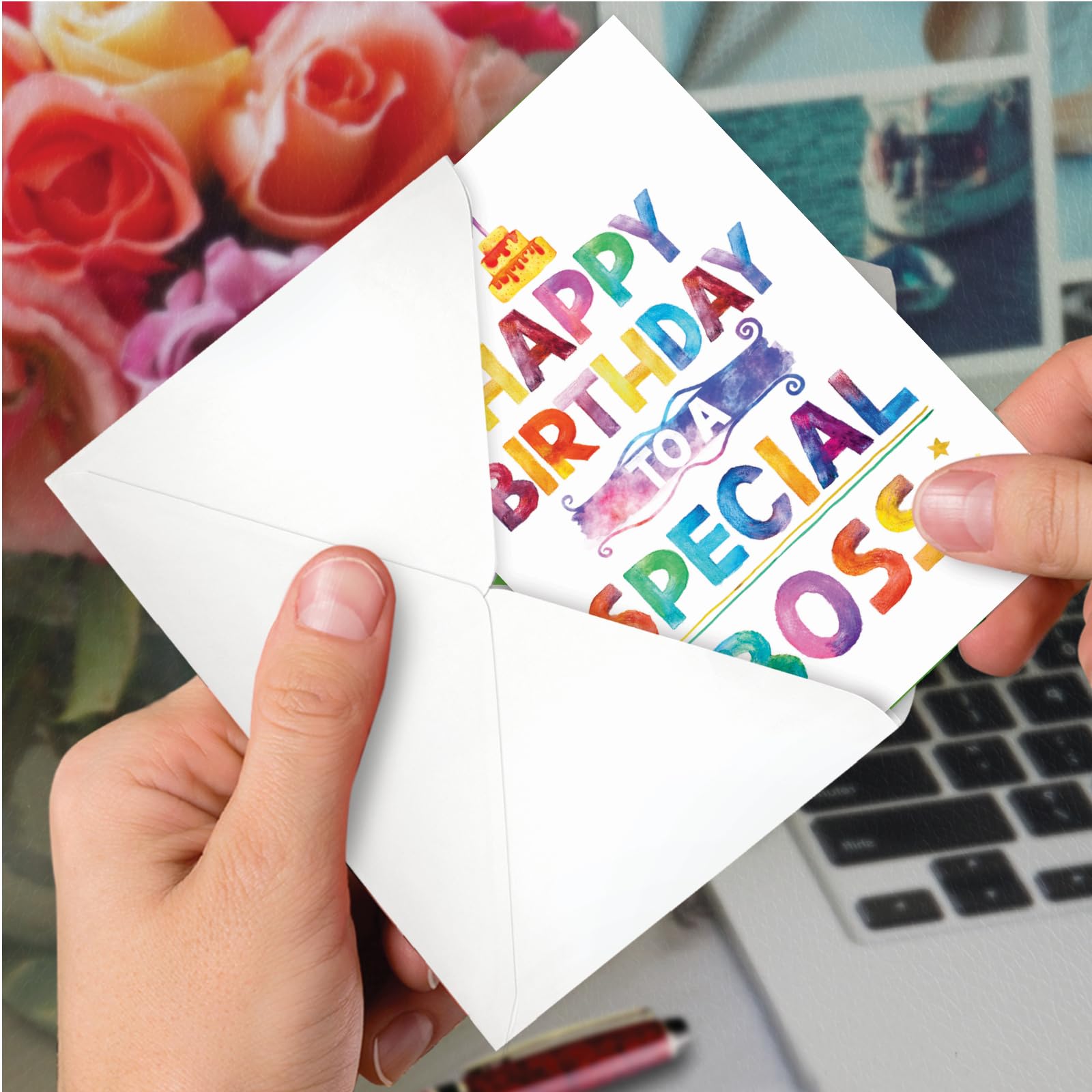 NobleWorks - Funny Happy Birthday to Best Boss Note Card with Envelope (4.63 x 6.75 Inch) - Watercolor Bday Greeting Card for Women and Men - Bday Celebration Notecard - Special Boss C9582BDG