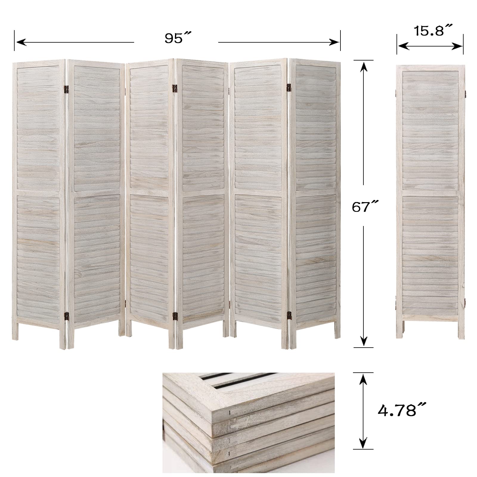 ECOMEX 6 Panel Wood Room Divider, Folding Room Divider Privacy Screen 5.6Ft Tall, Freestanding Louvered Divider Screen for Home Office Restaurant Bedroom(White)