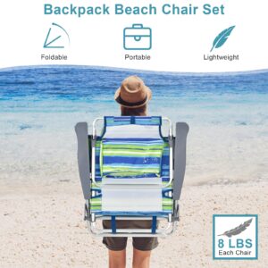 GYMAX Beach Chairs, 2-Pack Backpack Camping Chair with Armrest, Cooler Bag, Cup Holder, Towel Bar & Side Pockets, Sunbath Sling Tanning Lounge, Folding Layout Chairs (Blue Strip, with Table)