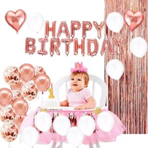 Rose Gold Birthday Party Decorations Set with Rose Gold Happy Birthday Balloon Banner, Confetti and Latex Balloon Heart Foil Balloon, Fringe Curtain for Rose Gold Theme Birthday Party Supplies