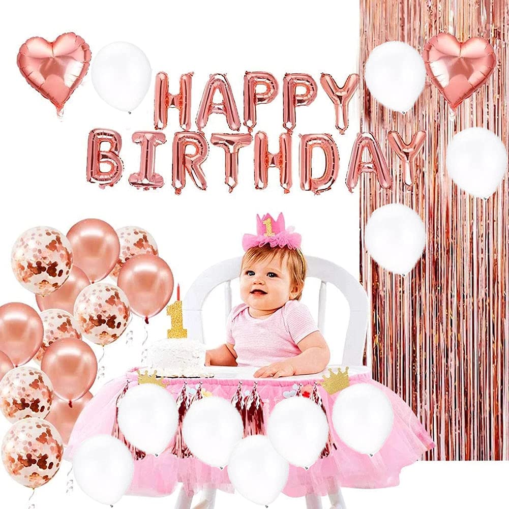 Rose Gold Birthday Party Decorations Set with Rose Gold Happy Birthday Balloon Banner, Confetti and Latex Balloon Heart Foil Balloon, Fringe Curtain for Rose Gold Theme Birthday Party Supplies