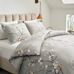 UOZZI BEDDING Branch Style Gray King Duvet Cover Set with 2 Pillow Shams- 800 TC Zipper Closure 4 Corner Ties Adult Men Women Style Dots Floral White Tree Style Reversible Design