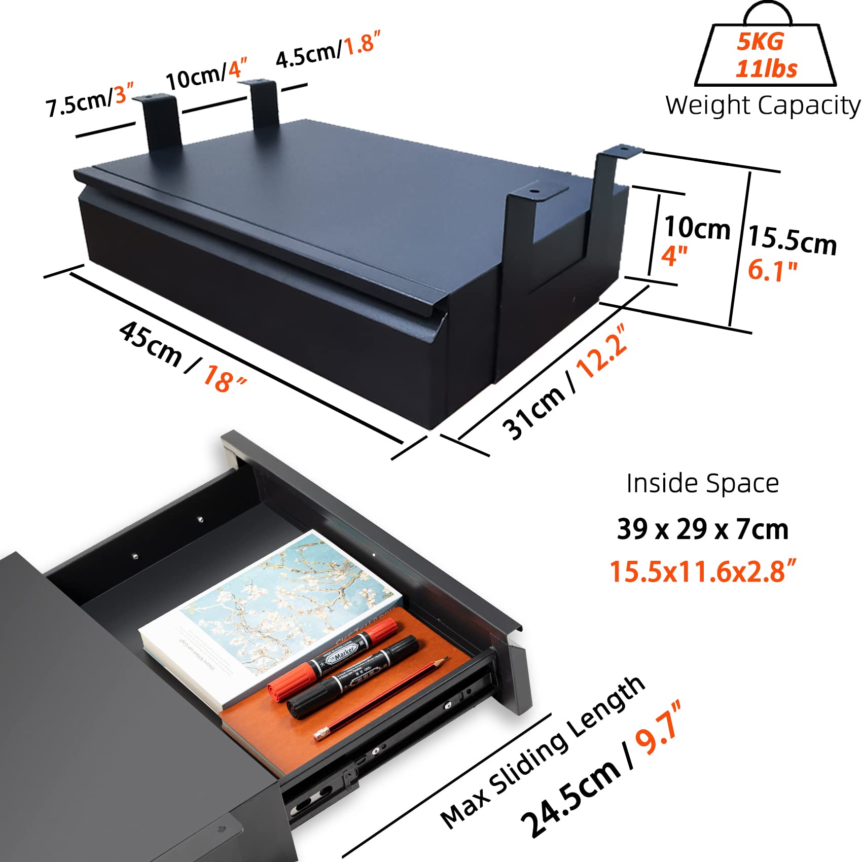 OSteed Under Desk Drawer 18", Pull-out Storage Organizer with Tall Brackets Mounted Under Wooden Table with a Max 2" Crossbar, Black_Tall Version