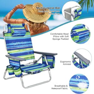 GYMAX Beach Chairs, 2-Pack Backpack Camping Chair with Armrest, Cooler Bag, Cup Holder, Towel Bar & Side Pockets, Sunbath Sling Tanning Lounge, Folding Layout Chairs (Blue Strip, with Table)