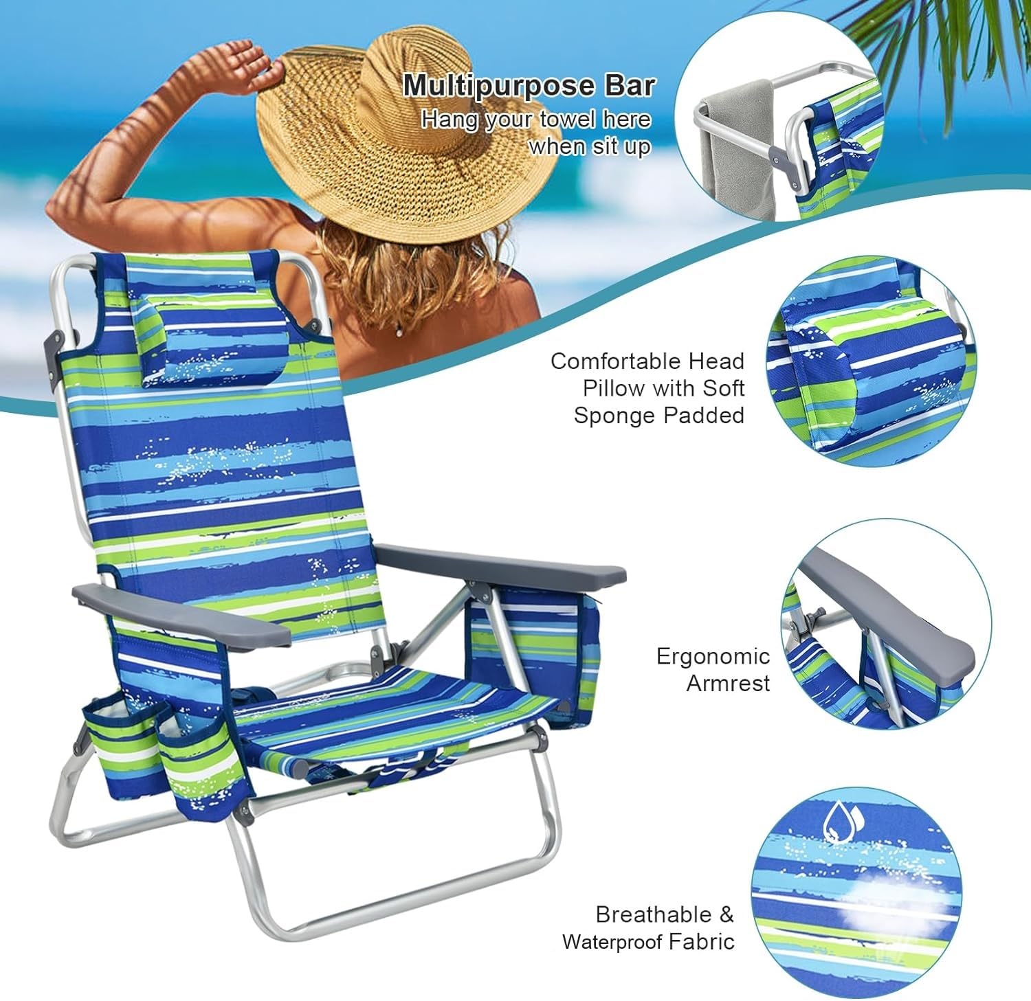 GYMAX Beach Chairs, 2-Pack Backpack Camping Chair with Armrest, Cooler Bag, Cup Holder, Towel Bar & Side Pockets, Sunbath Sling Tanning Lounge, Folding Layout Chairs (Blue Strip, with Table)