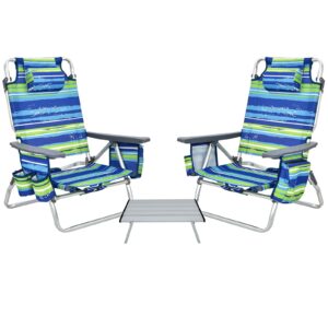 gymax beach chairs, 2-pack backpack camping chair with armrest, cooler bag, cup holder, towel bar & side pockets, sunbath sling tanning lounge, folding layout chairs (blue strip, with table)