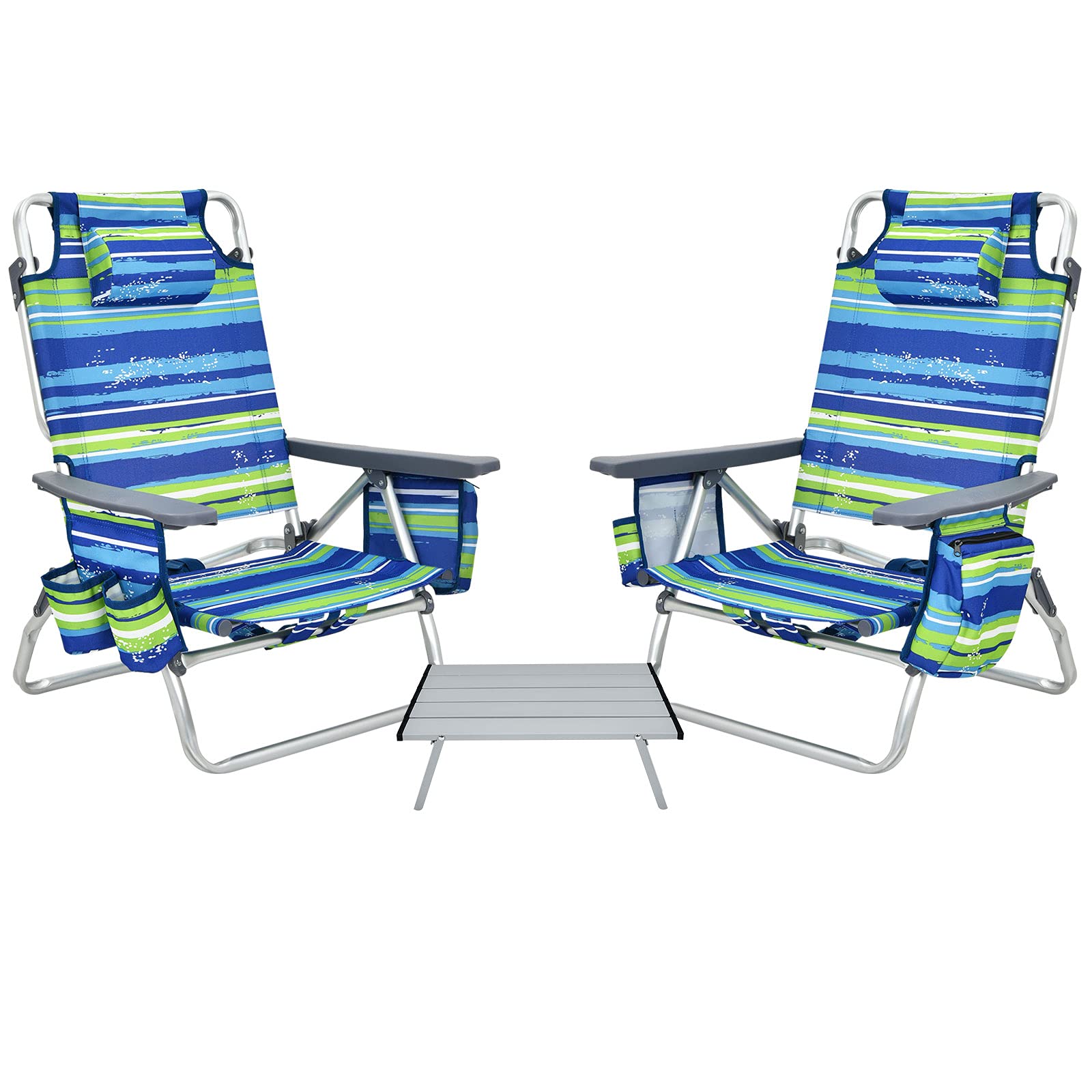 GYMAX Beach Chairs, 2-Pack Backpack Camping Chair with Armrest, Cooler Bag, Cup Holder, Towel Bar & Side Pockets, Sunbath Sling Tanning Lounge, Folding Layout Chairs (Blue Strip, with Table)