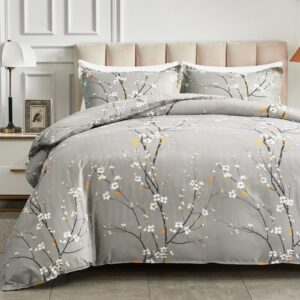 UOZZI BEDDING Branch Style Gray King Duvet Cover Set with 2 Pillow Shams- 800 TC Zipper Closure 4 Corner Ties Adult Men Women Style Dots Floral White Tree Style Reversible Design